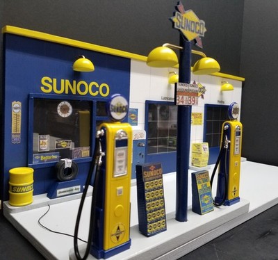 SUNOCO GAS STATION FRONT W/ 2 PUMP ISLAND DIORAMA DISPLAY HAND CRAFTED ...
