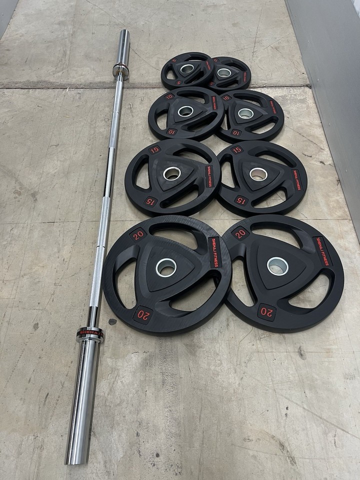 100KG Olympic Tri-Grip Weight Plates Set 2” Rubber Coated Weights + 6ft ...