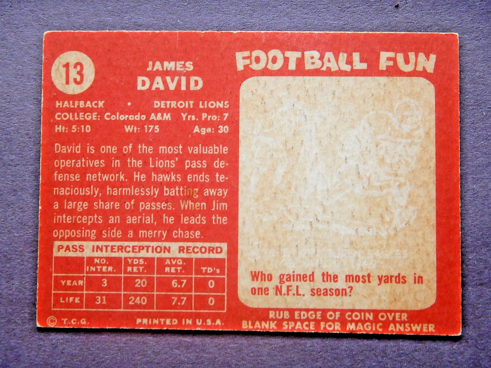 Jim David #13 Topps 1958 Football Card (Detroit Lions) | eBay