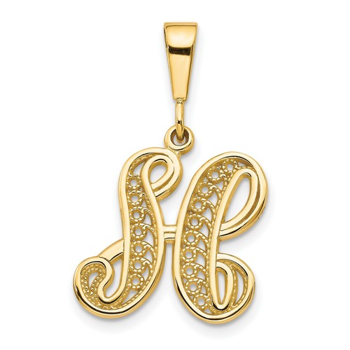 14k Yellow Gold Filigree Design Cursive Style Letter H Initial Pendant ...