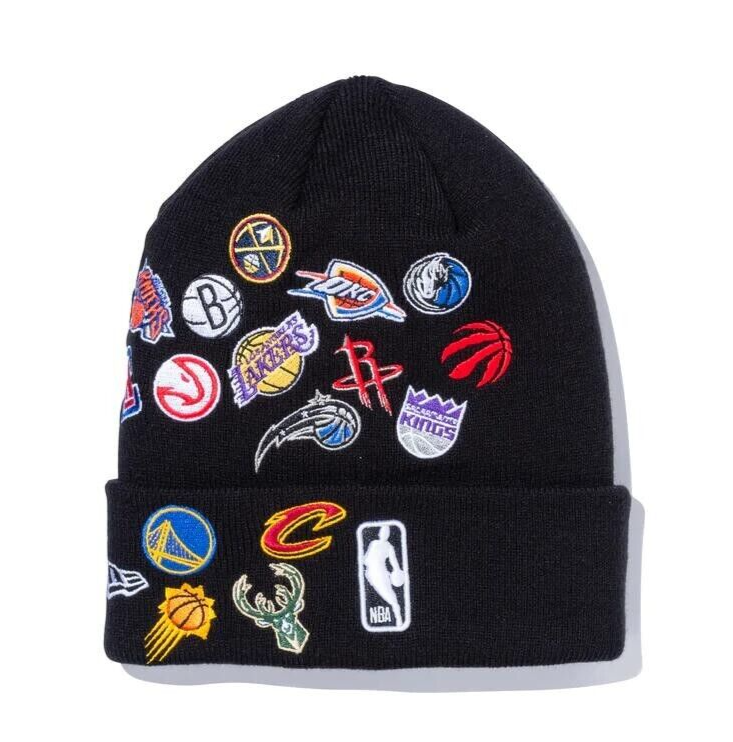 NEW ERA x NBA Collection Cuff Knit League Overload Black ALL OVER LOGO ...