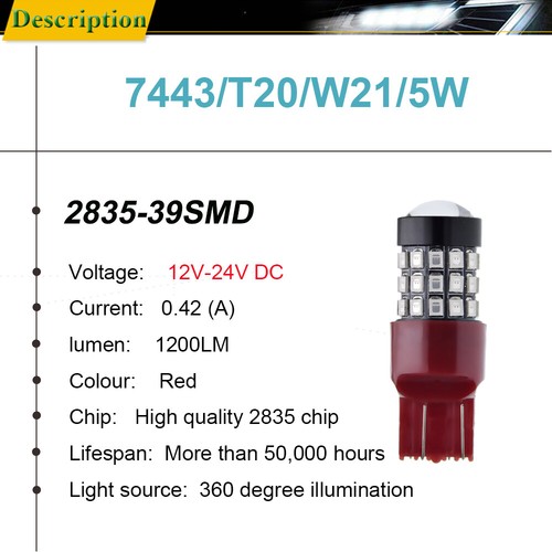 Pair 7443 T20 W21/5W RED LED Auto Brake Stop Tail Light Globe Bulbs ...