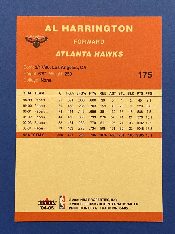 AL HARRINGTON Signed 2004-05 Fleer Tradition #175 Hawks Pacers ...