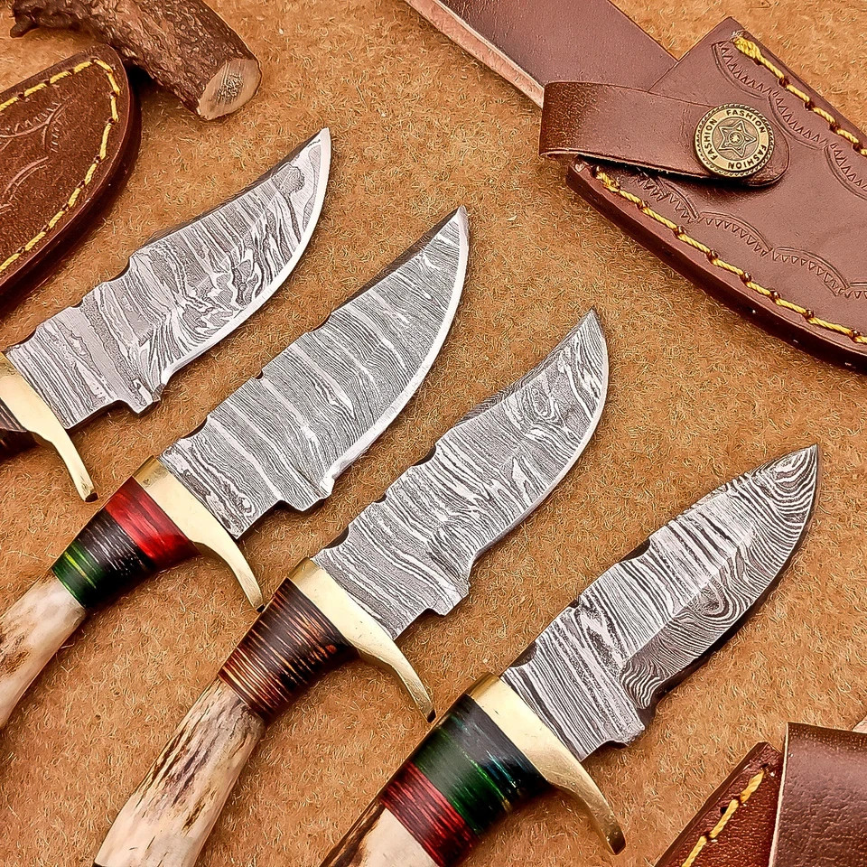 4 Pcs Damascus Blade Skinner Knives Set | 6" | Stag Handle Skinning ...