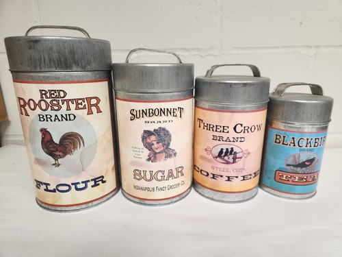 NEW Set 4 Galvanized Metal Farmhouse Flour Tea Coffee Sugar Canister ...