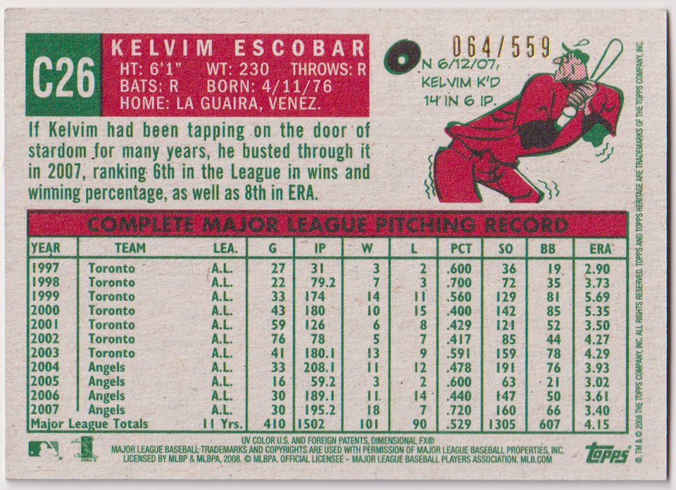 2008 Topps Heritage Chrome Refractor #C26 Kelvim Escobar 064/559 Angels ...