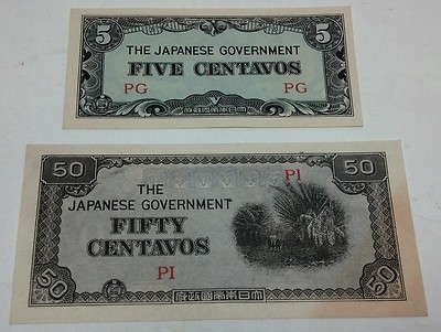 pair of Japanese Government banknotes Five centavos & Fifty Centavos ...