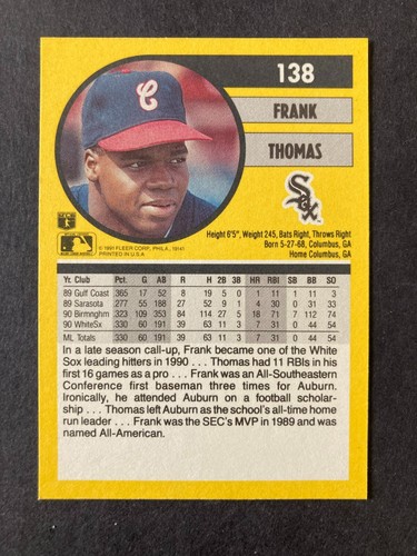 FRANK THOMAS 1991 Fleer Error Front Card #138-None Listed When Posted ...