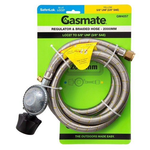 Gasmate Regulator & Braided Hose - 2000mm - LCC27 TO 5/8" UNF (3/8" SAE ...