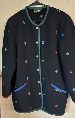 Geiger Of Austria Black Wool Long Jacket With Multi- Colored Designs Sz ...