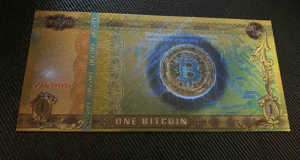 BTC 1 Bitcoin Gold Foil Banknote/Bill w/ UV Overlay NEW USA East Coast ...