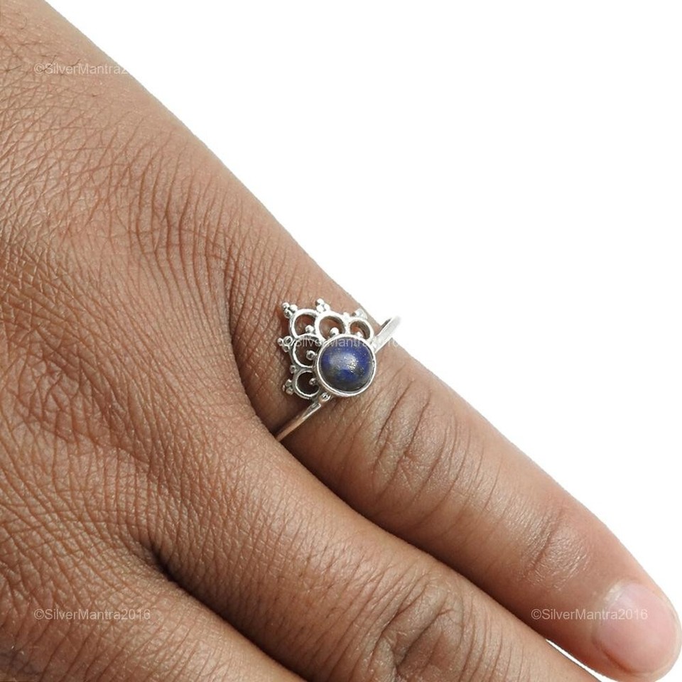 Natural Lapis Lazuli Band Wedding Trendy Bezel Crown Ring Size Q Solid Silver | eBay