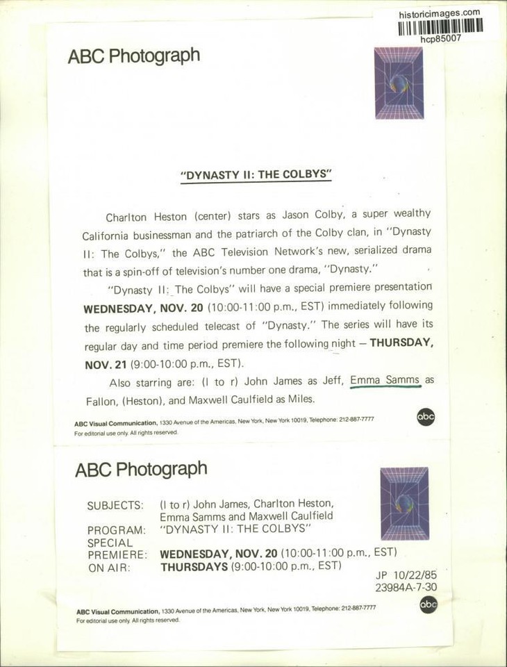 1985 Press Photo "Dynasty II: The Colbys" ABC Series Cast Members ...