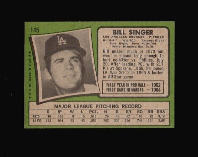 1971 Topps #145 BILL SINGER Dodgers NMMT-MINT | eBay