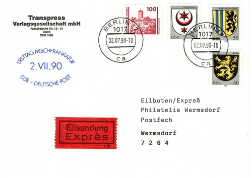 DDR Deutsche Post Ersttag Mischfrankatur Stempel Berlin 17 2.7.1990 | eBay