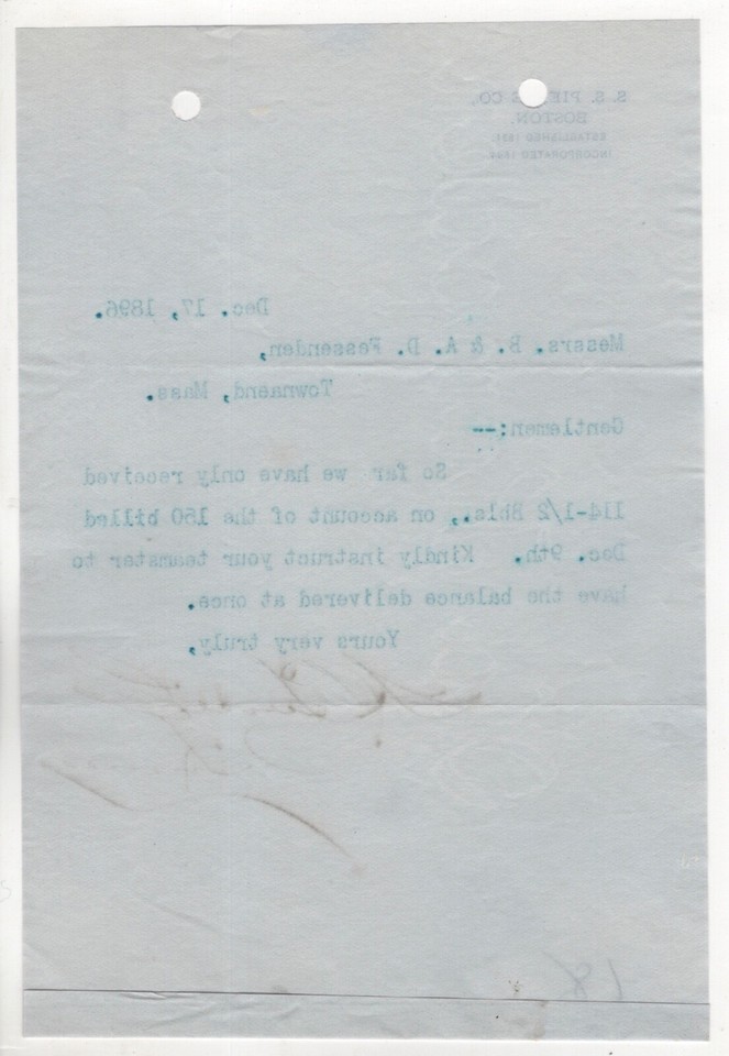 1896 SS PIERCE CO LETTERHEAD PROVISIONS GROCERIES BOSTON MA FESSENDEN ...