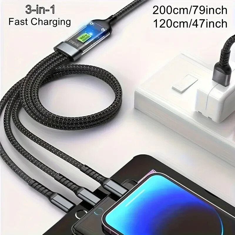 100W 3-in-1 Fast Charging Cable USB-C Micro USB Universal Phone Charger ...