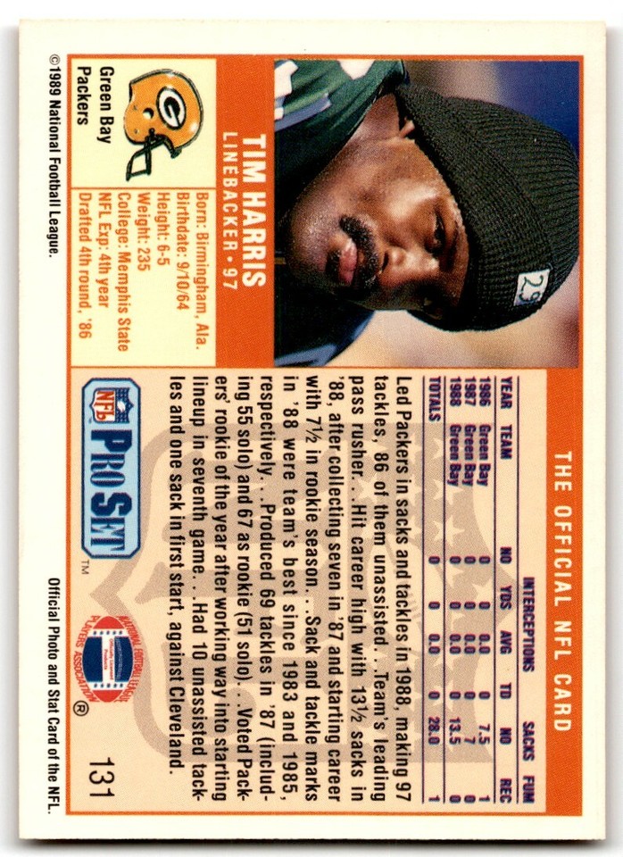 1989 PRO SET TIM HARRIS GREEN BAY PACKERS #131 | eBay