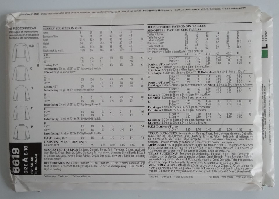 SIMPLICITY #6619 MISSES SIZES 8-18 SIX VARIATIONS OF TOPS PATTERN UNCUT ...