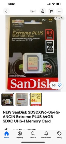 SanDisk Extreme Plus SDXC UHS-I Card, 64GB, SDSDXW6-064G-ANCIN . Sealed ...