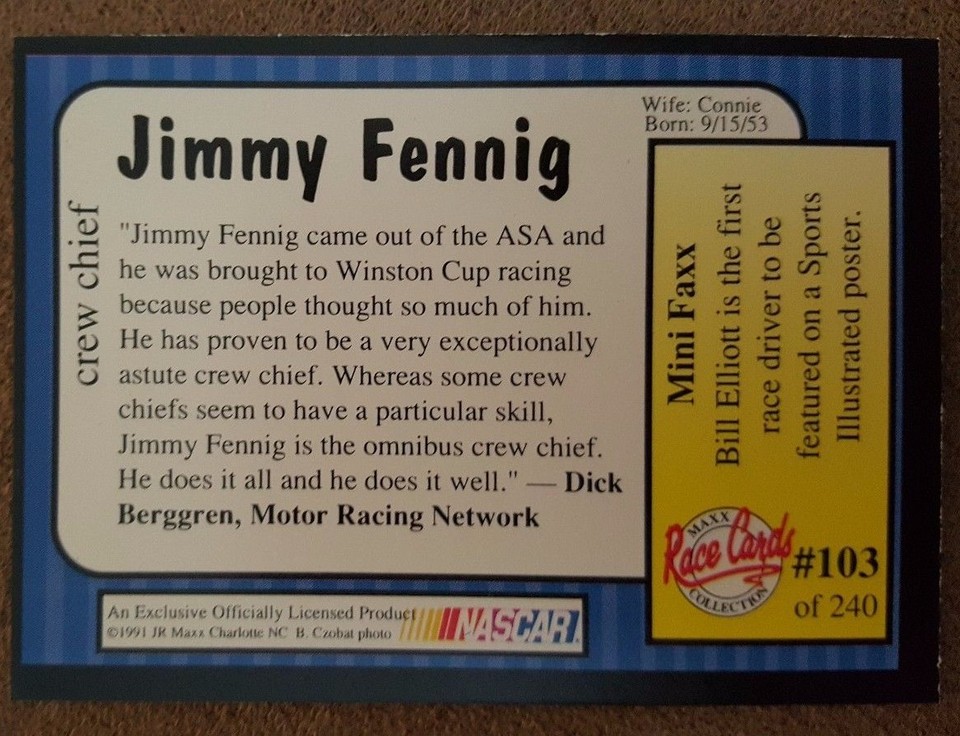 1991 Jimmy Fennig Card 103 of 240 Maxx Collection Race Cards | eBay