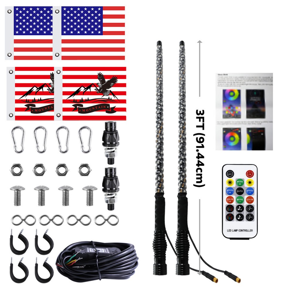 2X 3FT RGB Spiral LED Whip Lights Antenna Chase w/Spring Base&Remote ...