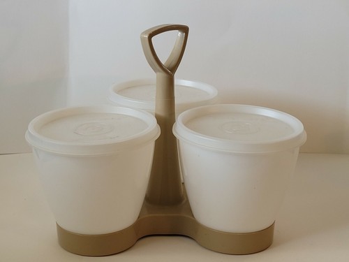Vintage Tupperware Condiment Caddy 3 Bowl Set With Lids Carrier Picnic ...