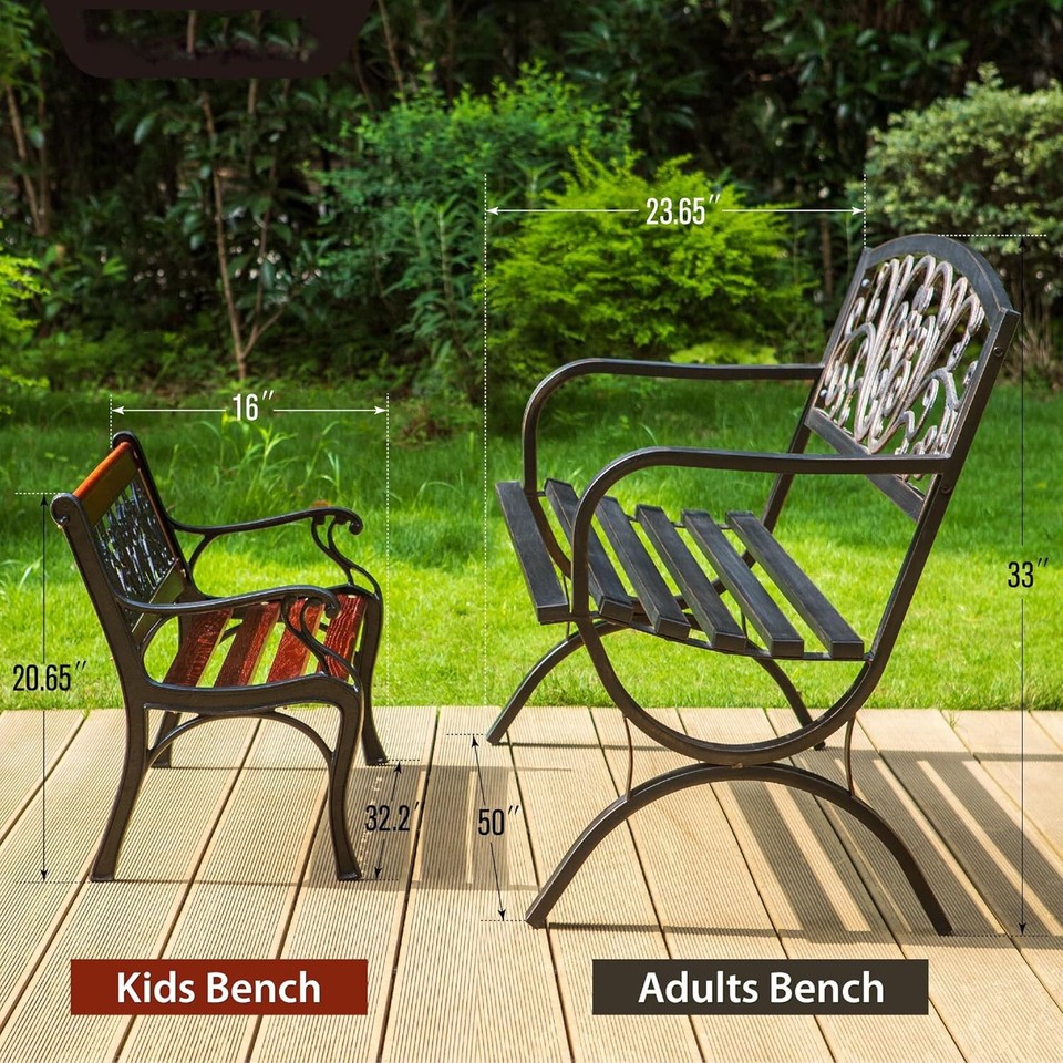 Outdoor Kids Bench Patio Mini Garden Bench Wooden Cast Iron Porch Park ...