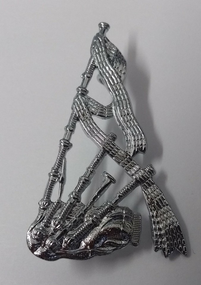 Bagpipes Badge Silver Coloured Complete with Back Plate and Fittings ...