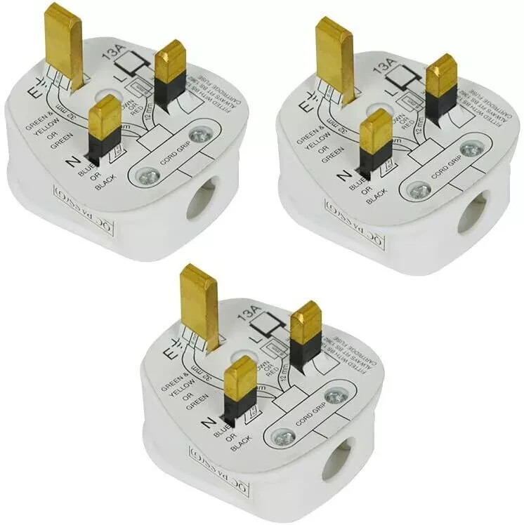 BULK 13 AMP UK 3 PIN FUSED WHITE MAINS PLASTIC PLUG 13A PACK SOCKET ...
