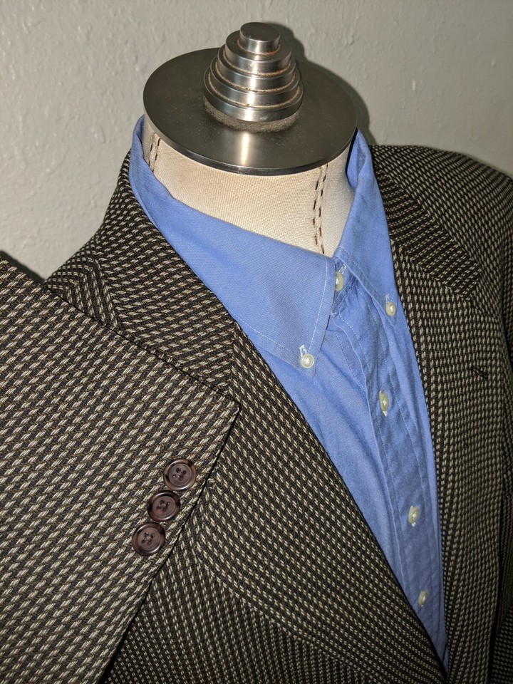 Vtg 46L Brown on Black Geometric Tooth Check Tweed Wool Blazer Jacket ...