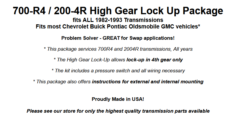 Transmission High Gear Lock up Switch Kit 700R4 4L60 200-4R Superior ...