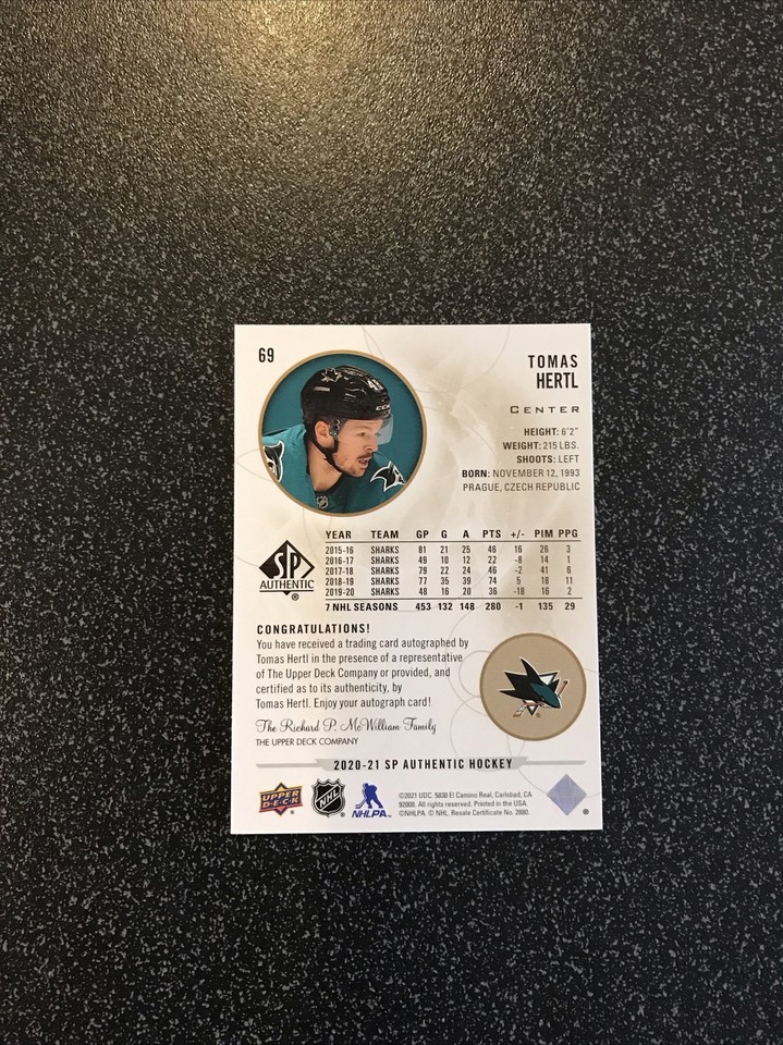 2020-21 Upper Deck SP Authentic Tomas Hertl Limited Autographs Auto #69 ...