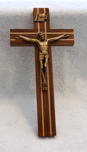 vintage wooden crucifix with brass corpus and inlays- catholic cross ...