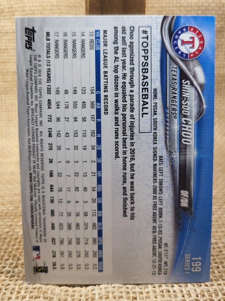 2018 Topps Series 1 Shin-Soo Choo Baseball Card #199 Rangers FREE S&H ...