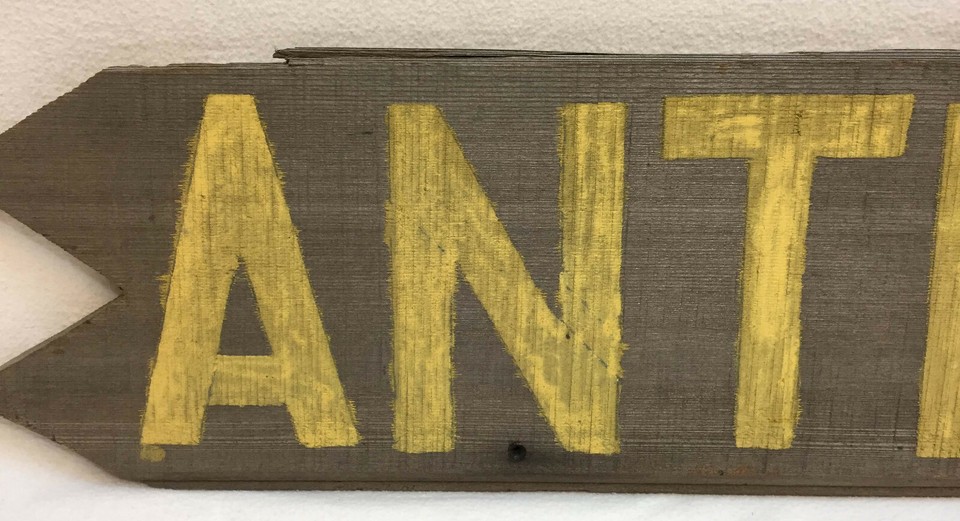 Weathered Lapped Barn Wood Sign " ANTIQUES " in Yellow Paint 38" x 7 1/ ...