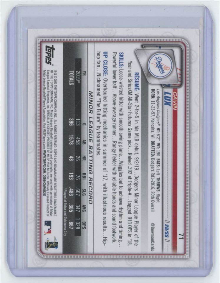 2020 Bowman Gavin Lux Rookie . Los Angeles Dodgers #71 | eBay