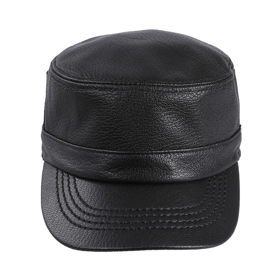 Men's Flat Top Cap Real Sheepskin Leather Military Style Caps Cadet ...