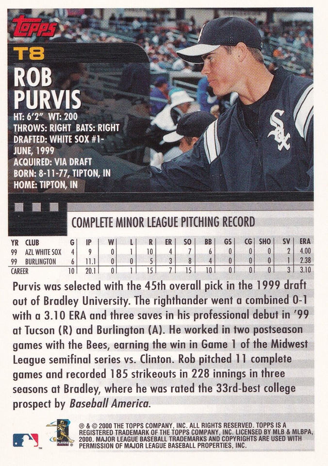 2000 Topps #T8 Rob Purvis MLB Chicago White Sox Rookie Card | eBay