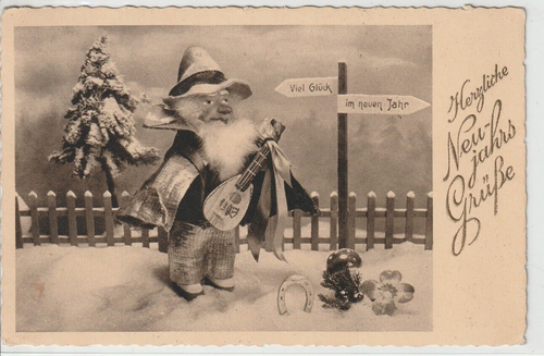 Vintage New Years Postcard: Elf with Mandolin, Good Luck in the New ...