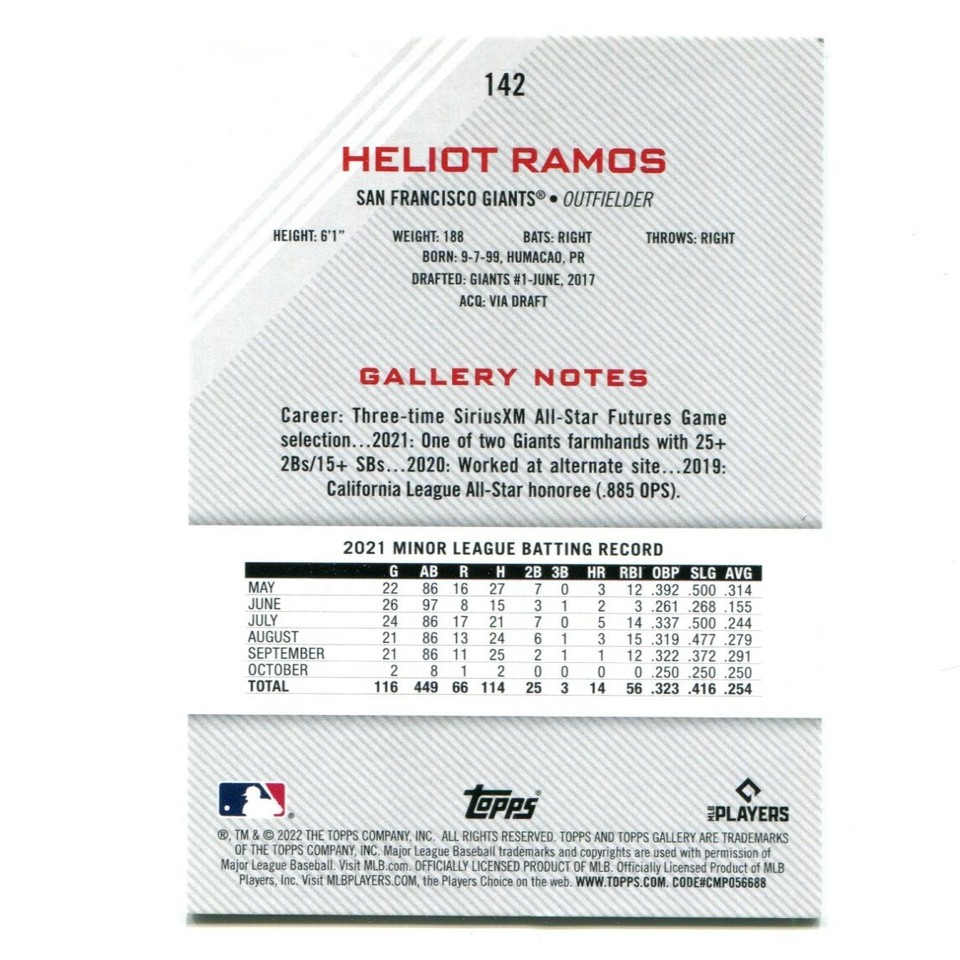 2022 Topps Gallery Baseball Heliot Ramos Base RC #142 San Francisco ...