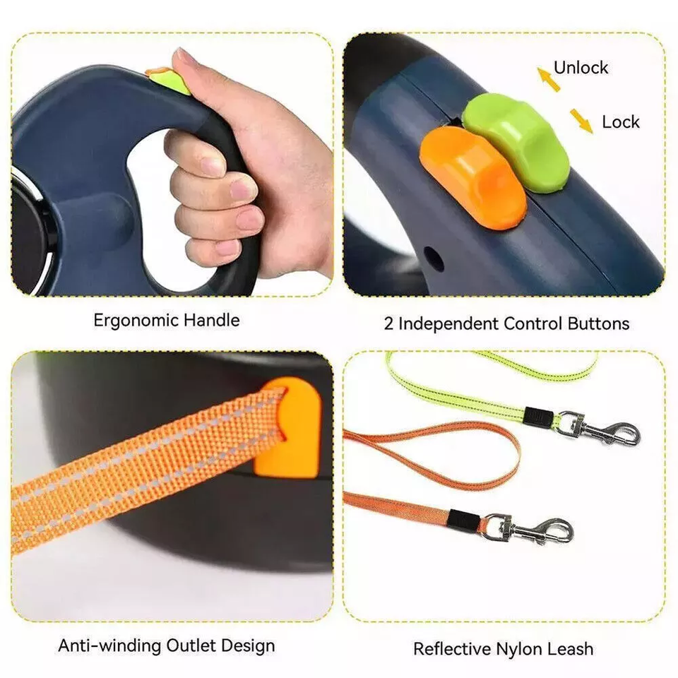 Dual Pet Leash Retractable Reflective Lead 360 Swivel Double Dog ...