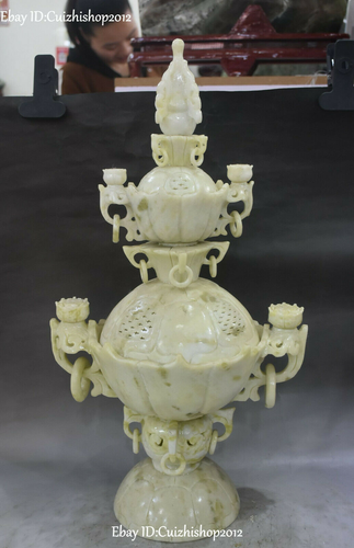 18" Natural Green Jade Yu Carving 3 Layer Lotus Flower Incense Burner ...