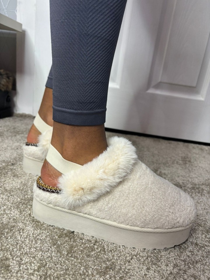 WOMENS LADIES COMFY FLUFFY FAUX FUR PLATFORM SLIPPERS MULES SHOES SIZE ...