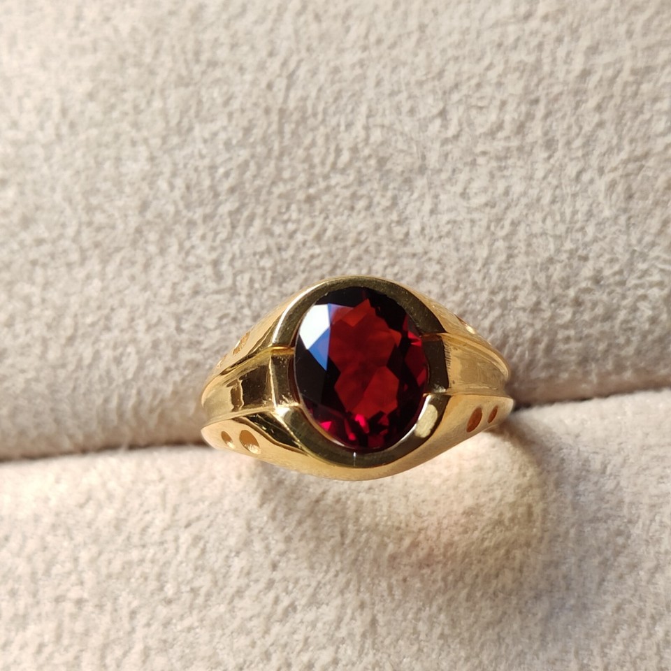 Natural Red Garnet 14K Yellow Gold Men's Ring, Statement 14K Gold Men's ...