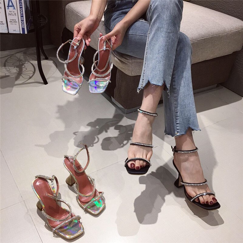 Square Toe Woman Sandals Crystal Diamond PU Leather Ankle Buckle Strap ...