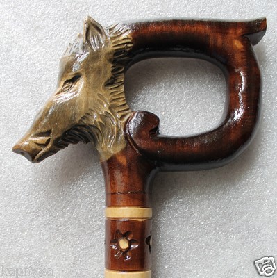 WILD BOAR High Quality Folk Art Hand Carved Crafted Wooden Walking ...