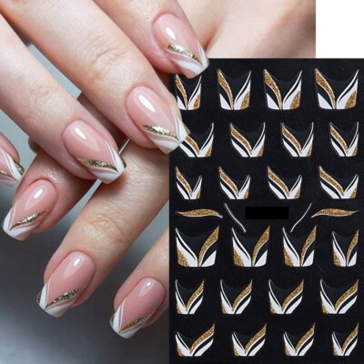 Nail Stickers French tips Line Manicure Mani Stencils White Gold ...