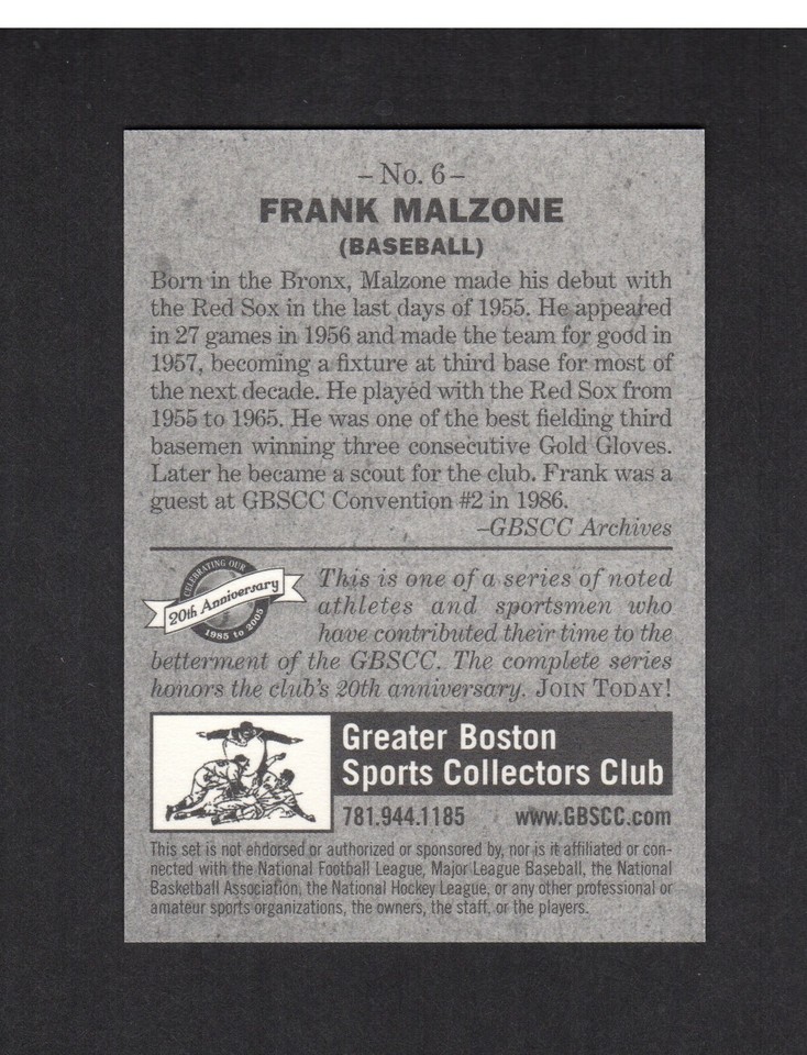 #6 FRANK MALZONE, Red Sox | 2006 GBSCC Convention Boston Sport Kings ...