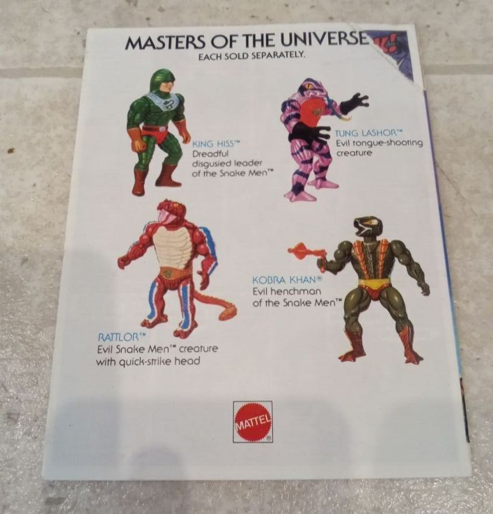 1985 Vintage Rattlor Taiwan Yellow Neck Complete w/ comic He-man MOTU ...